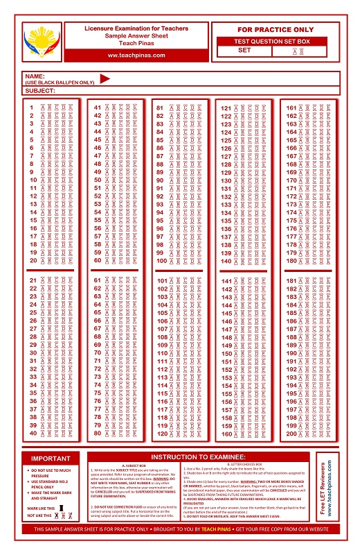 PRC LET Answer Sheet Sample Shading Scantron Teach Pinas